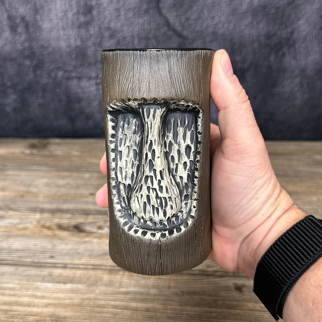 Woodgrain Carved Moai Tiki Mug handmade - Etsy