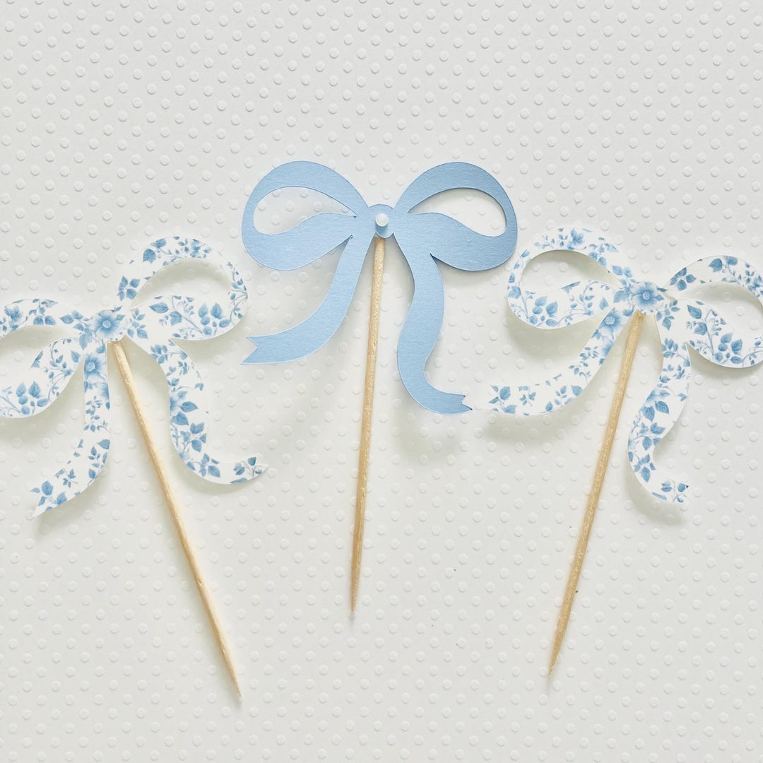 Blue Toile Bow Cupcake Toppers, Baby in Bloom Cupcake Topper, Blue ...