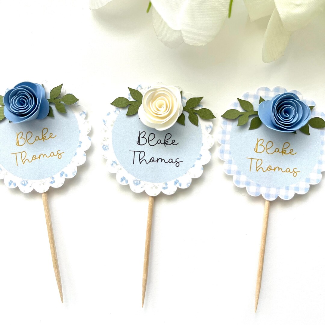 Baby Cupcake Topper, Blue Rose Personalize Baby Shower Cupcake Topper ...