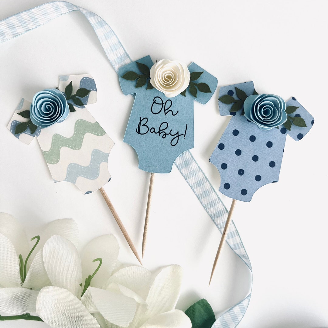 Oh Baby Cupcake Topper, Baby Bodysuit Blue Rose Personalize Baby Shower ...