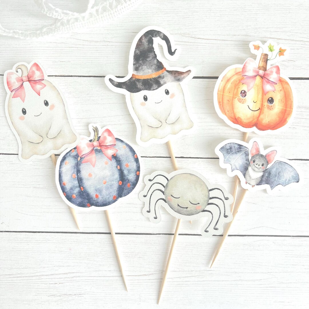 Halloween Cupcake Toppers, Pink Orange Bow Ghost and Pumpkin, Ghost and ...