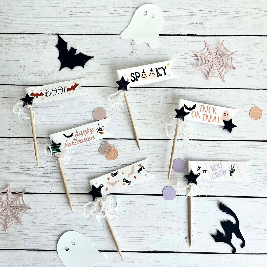 Spooky Halloween Cupcake Toppers, Retro Halloween Flag, Trick or Treat ...