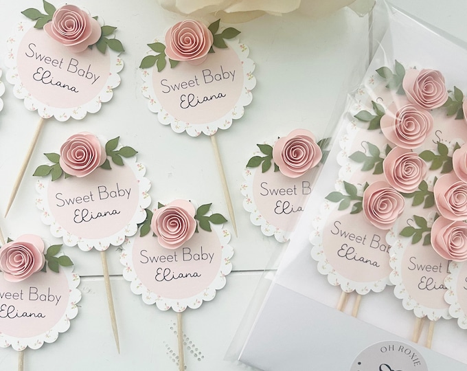 Baby Cupcake Topper, Pink Rose Personalize Baby Shower Cupcake Topper ...