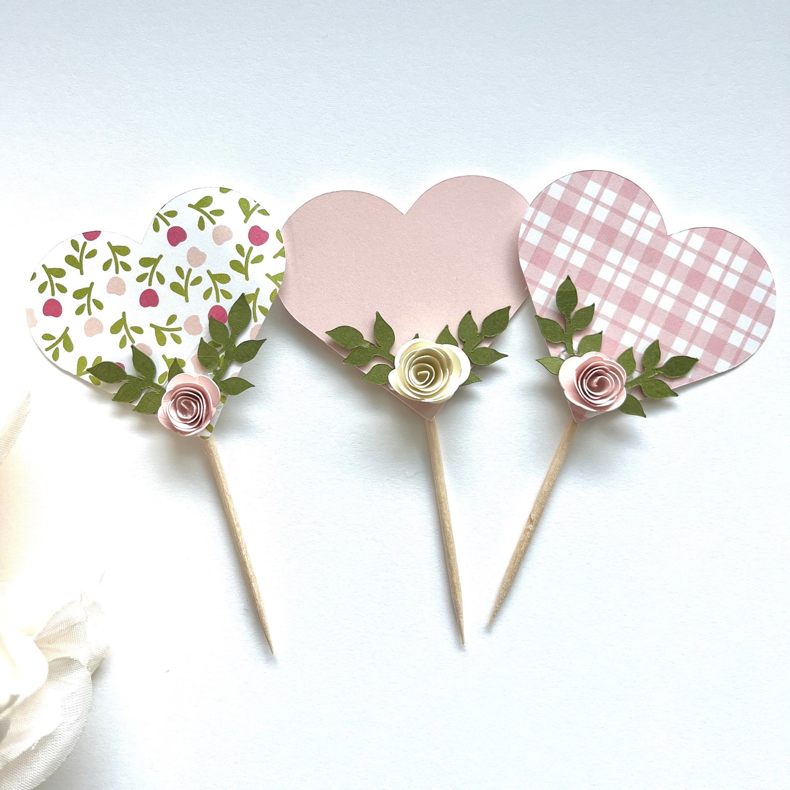 Pink Heart Cupcake Toppers Pink Floral Pink Plaid Valentine - Etsy