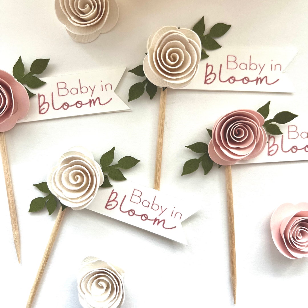 Baby in Bloom Cupcake Topper, Pink Rose Personalize Baby Shower Cupcake ...