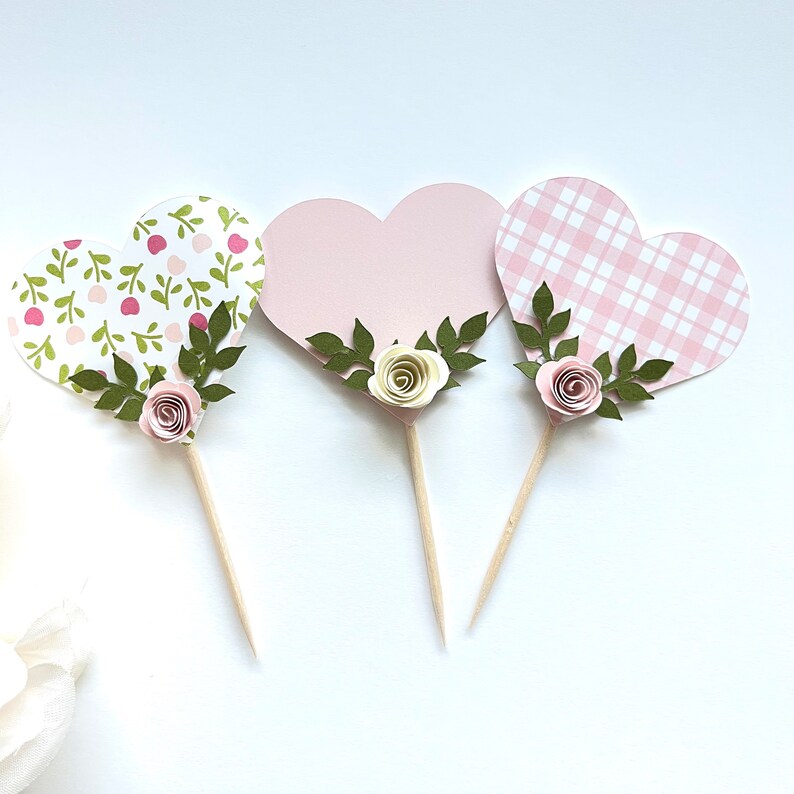Pink Heart Cupcake Toppers, Pink Floral, Pink Plaid, Valentine Cupcake ...