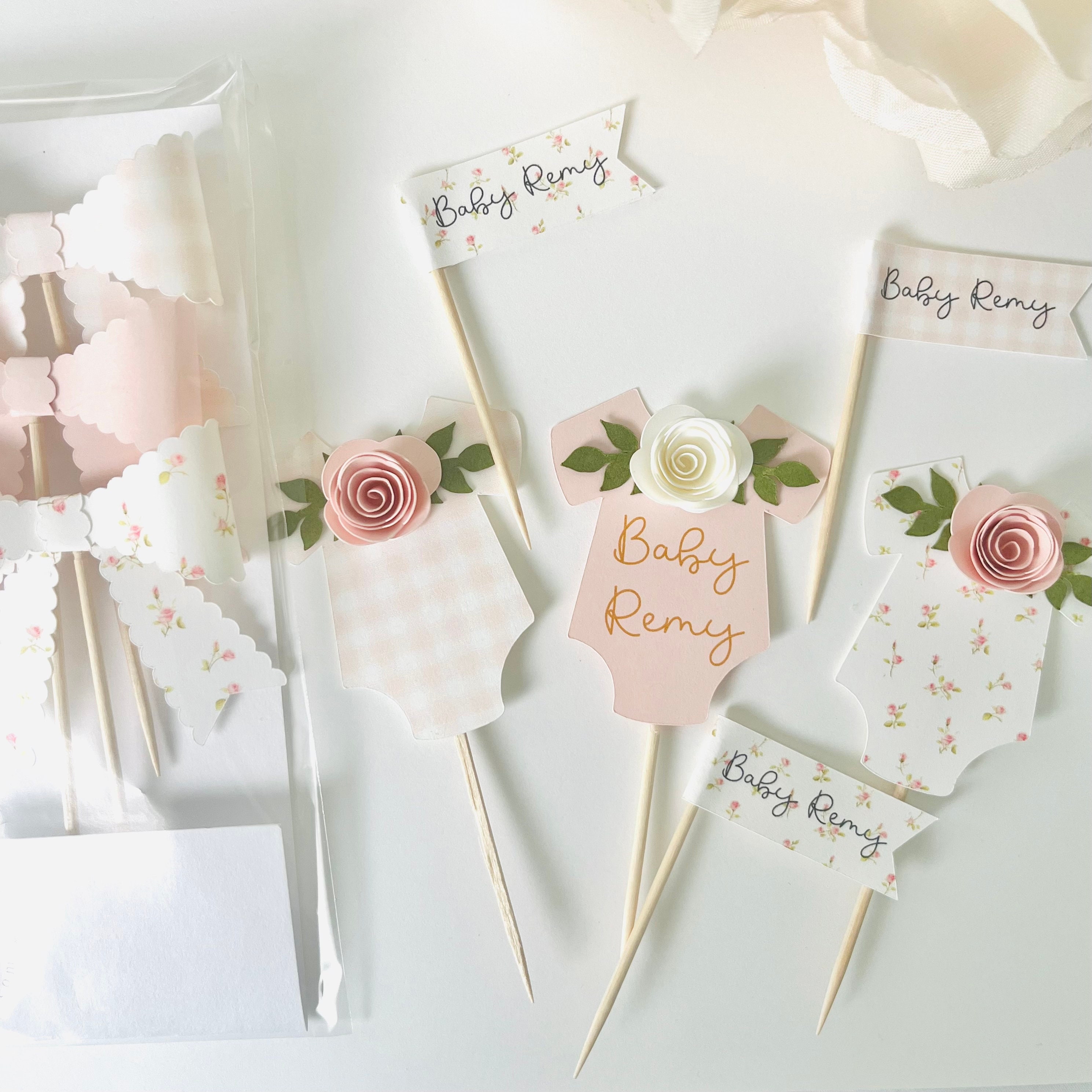 Oh Baby Cupcake Topper, Baby Bodysuit Pink Rose Personalize Baby Shower ...