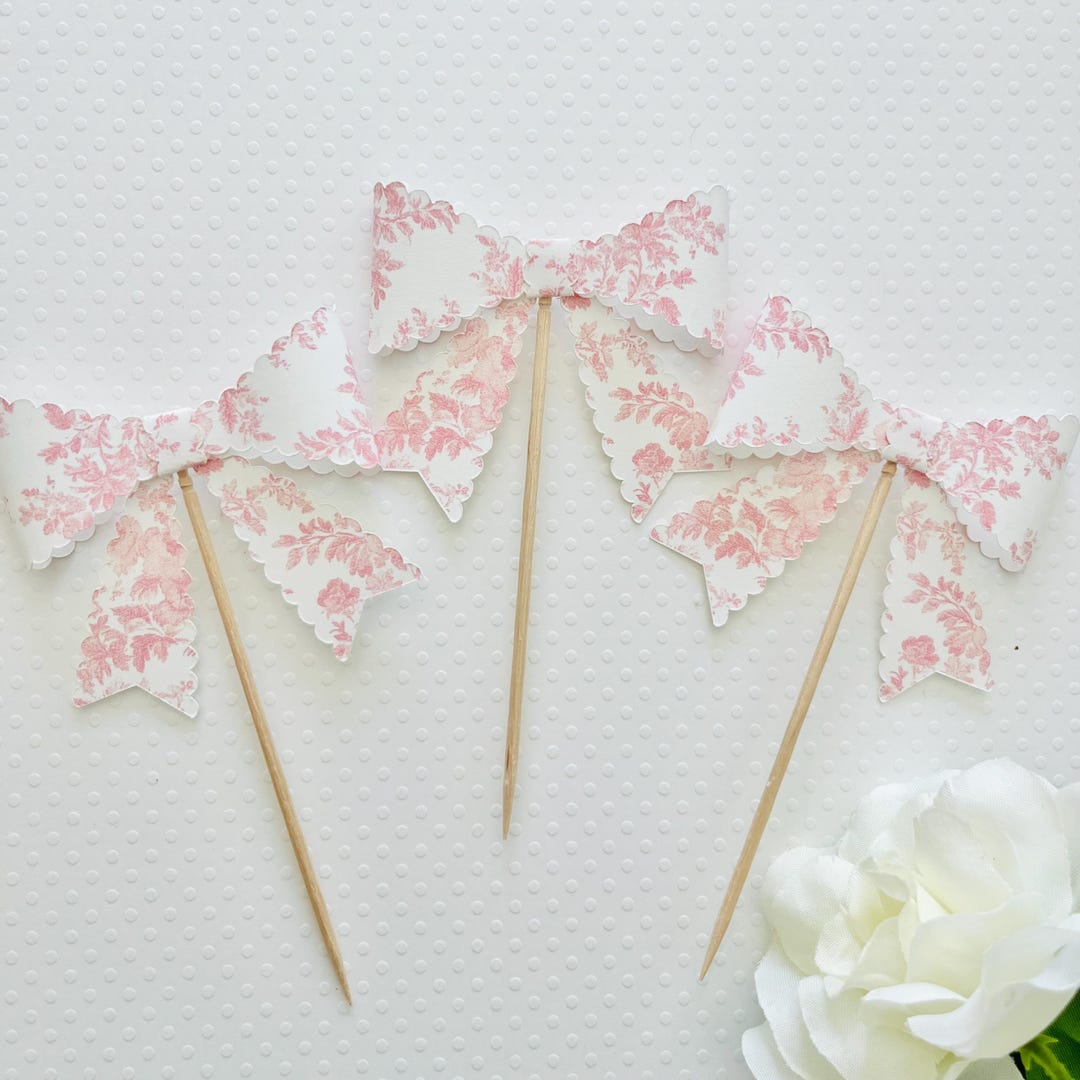 Pink Toile Bow Baby Cupcake Toppers, Chinoiserie Cupcake Topper, Pink ...