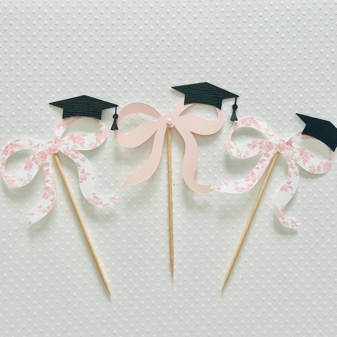 Coquette Graduation Cupcake Toppers, Pink Toile Bow Cupcake Topper ...