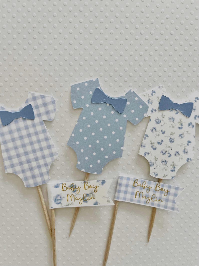 Blue Baby Cupcake Topper, Blue Bow Tie Baby Bodysuit, Personalized Baby ...