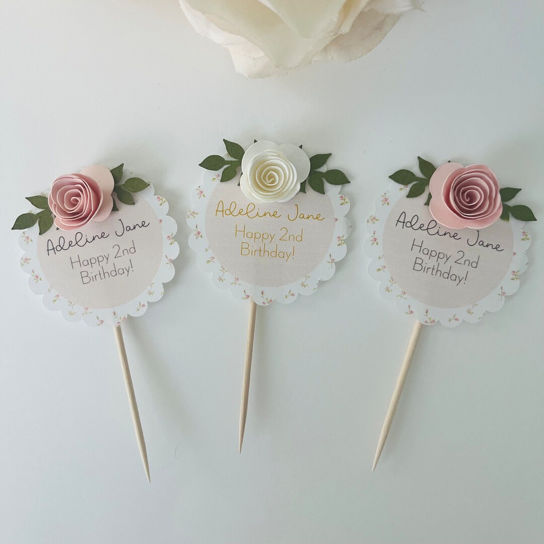 Happy Birthday Baby Cupcake Topper, Pink Rose Personalize Baby Shower ...