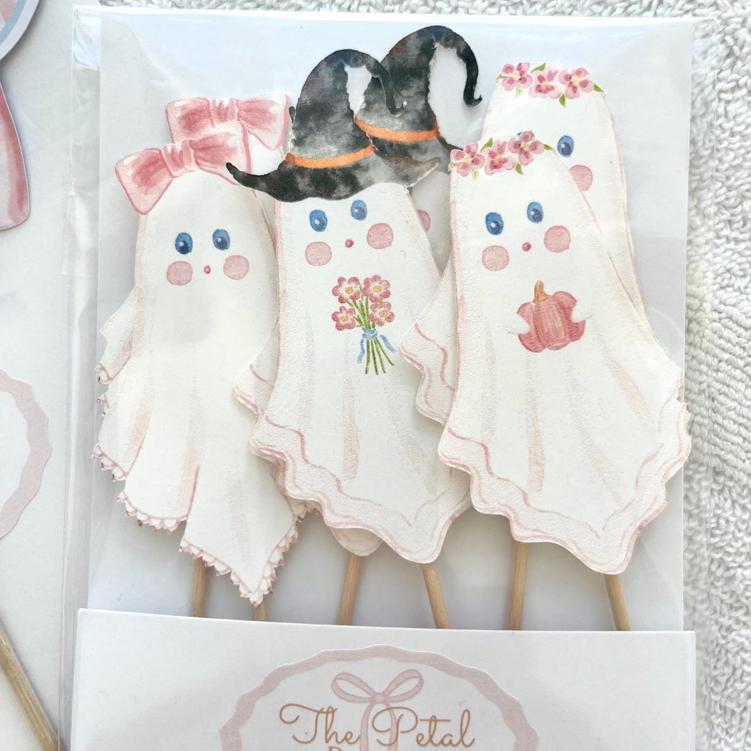 Cute Pastel Halloween Cupcake Toppers | Ghost With Pink Bow | Ghost ...