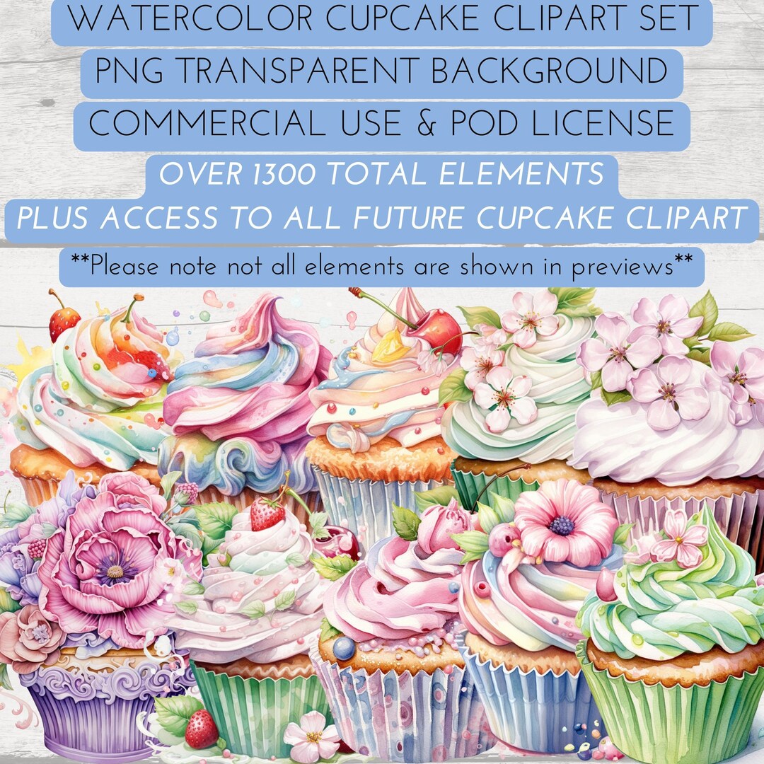 Cupcakes PNG Clipart Bundle, Commercial Use, POD Use, Watercolor ...