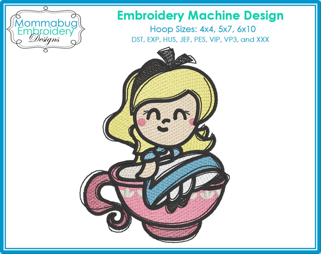 Kawaii Alice in Tea Cup Sketch Drawing Light Fill DIGITAL Embroidery ...