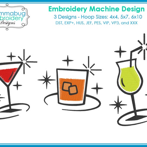 Retro Cocktails Digital Embroidery Machine Design File Set - Etsy