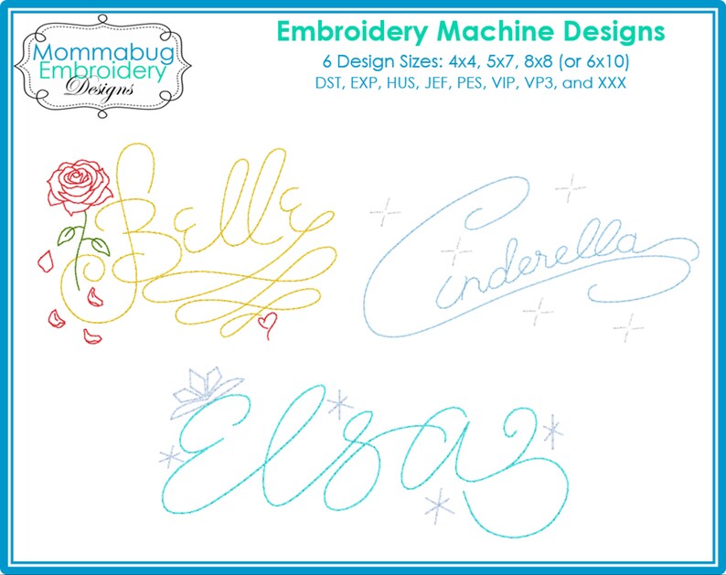 14 Individual Princess Autograph Signatures DIGITAL Embroidery Machine ...