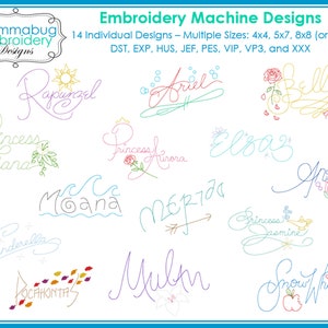 14 Individual Princess Autograph Signatures DIGITAL Embroidery Machine ...