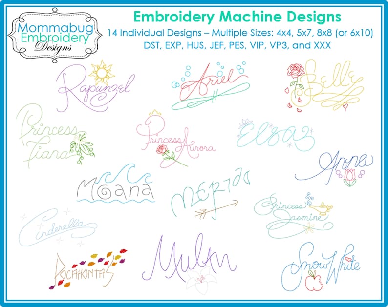14 Individual Princess Autograph Signatures DIGITAL Embroidery Machine ...