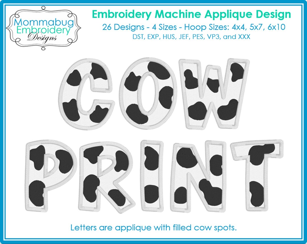 Cow Print Applique Monogram Letters DIGITAL Embroidery Machine Design ...