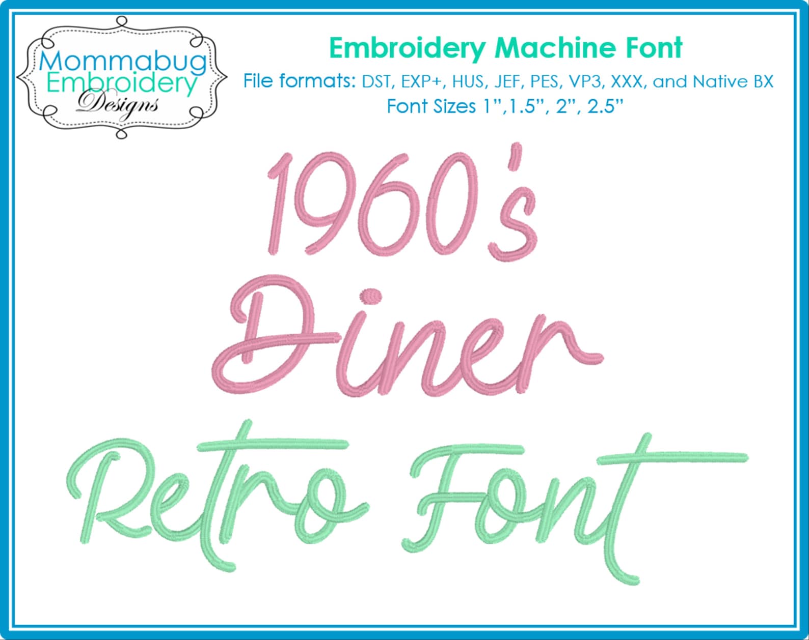 1960s Diner Retro Embroidery Font Includes BX File DIGITAL Embroidery ...