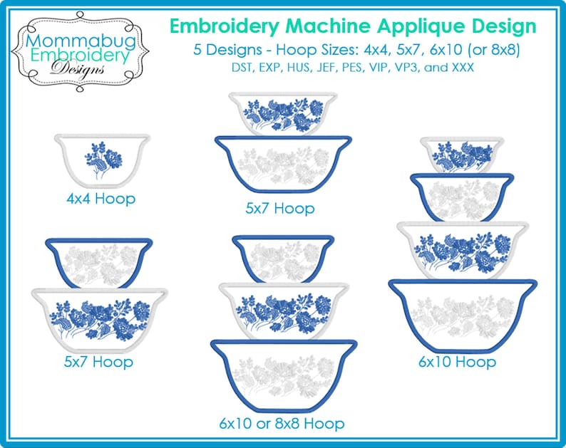 Pyrex Colonial Mist Stacked Bowls DIGITAL Embroidery Machine Applique ...