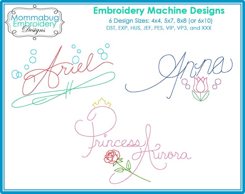 14 Individual Princess Autograph Signatures DIGITAL Embroidery Machine ...