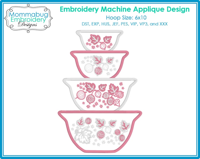 Pyrex Gooseberry Stacked Applique Bowls DIGITAL Embroidery Machine ...