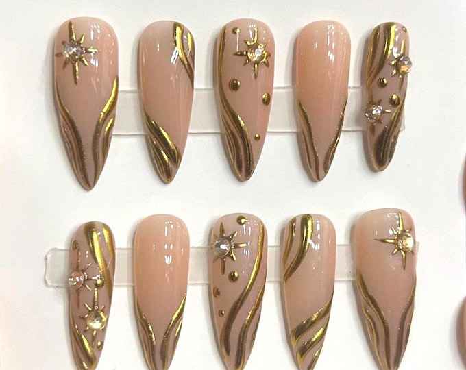 Gold Yellow Chrome Nails French Tip Nails Press on Nail Handmade ...