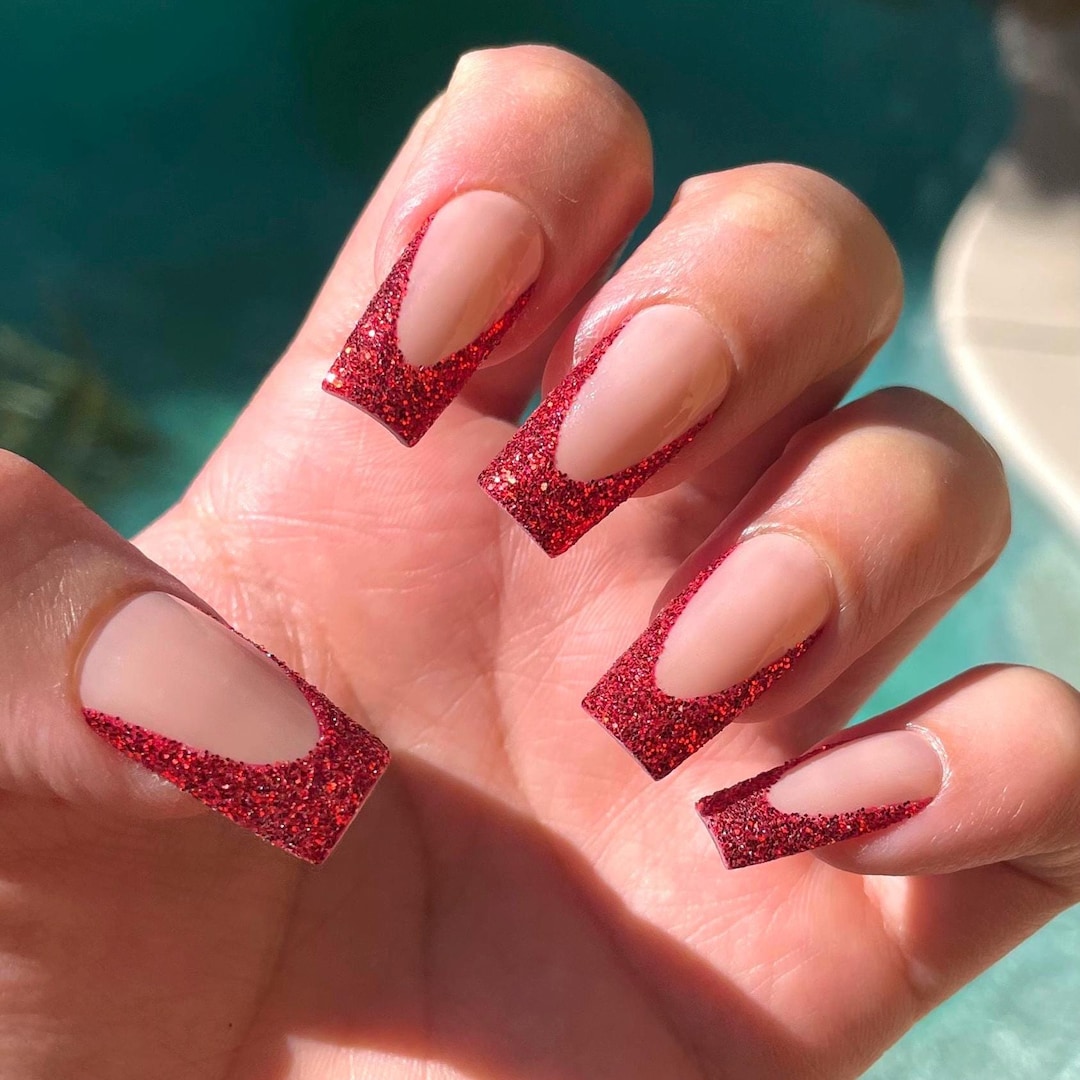 Red Glitter French Tip Press on Nails Glitter Press Ons Christmas Press ...