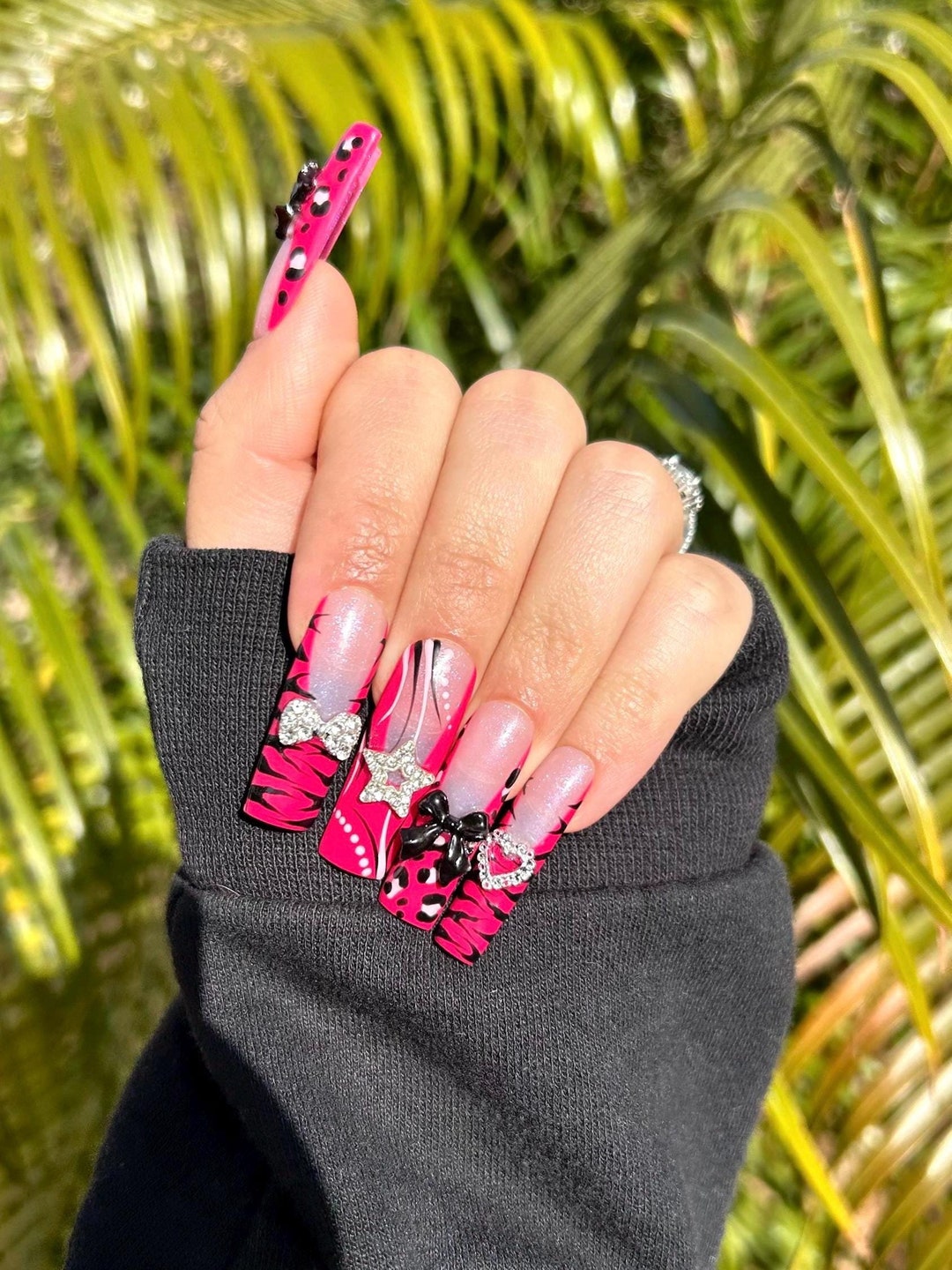 Pink French Tip Zebra Print Leopard Y2K Press on Nails | Pink Press Ons ...