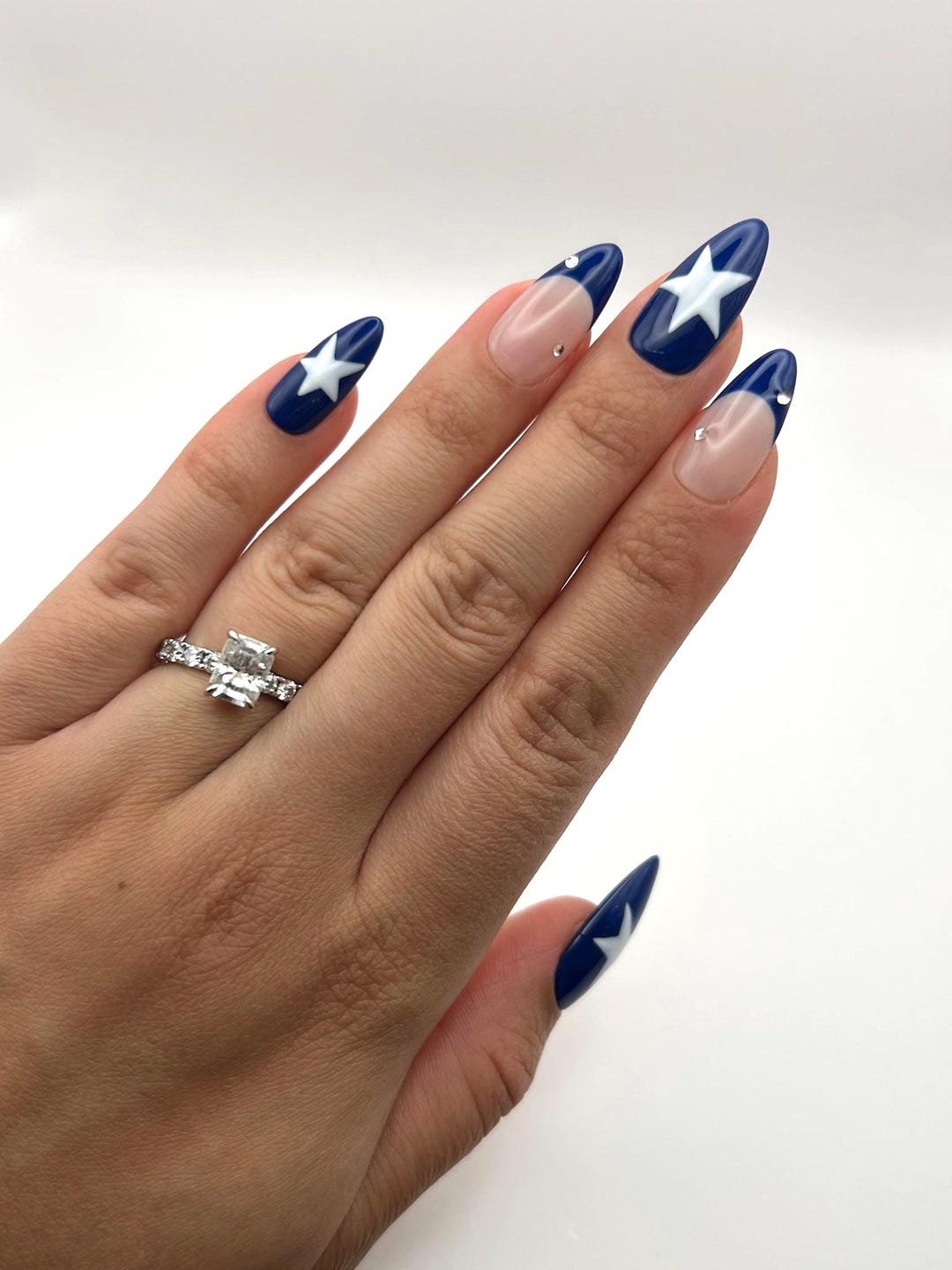 White Star Navy Blue French Tip Press on Nails | Almond Nails - Etsy