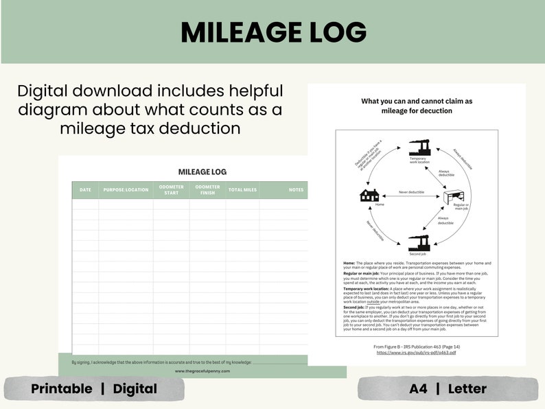 Business Mileage Log, Printable PDF, Instant Download, Car Mileage ...