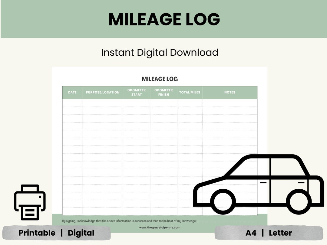 Business Mileage Log, Printable PDF, Instant Download, Car Mileage ...