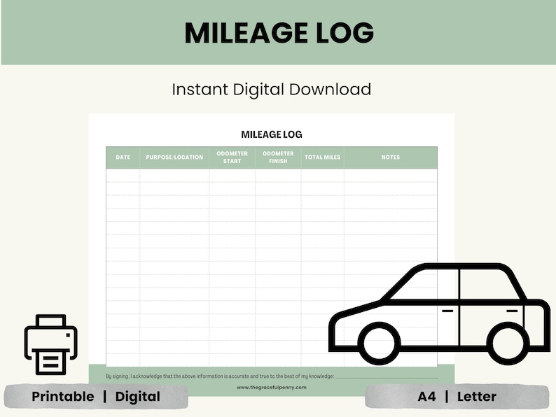 Business Mileage Log, Printable PDF, Instant Download, Car Mileage ...