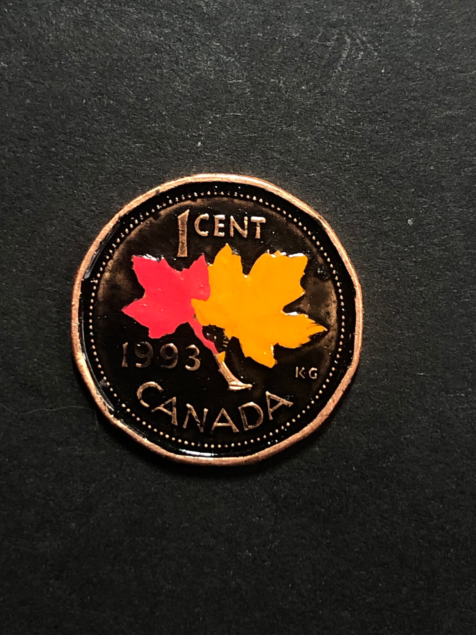 Hand Enamelled Canadian Penny 1993 Orange Major Leaf Red Minor With ...