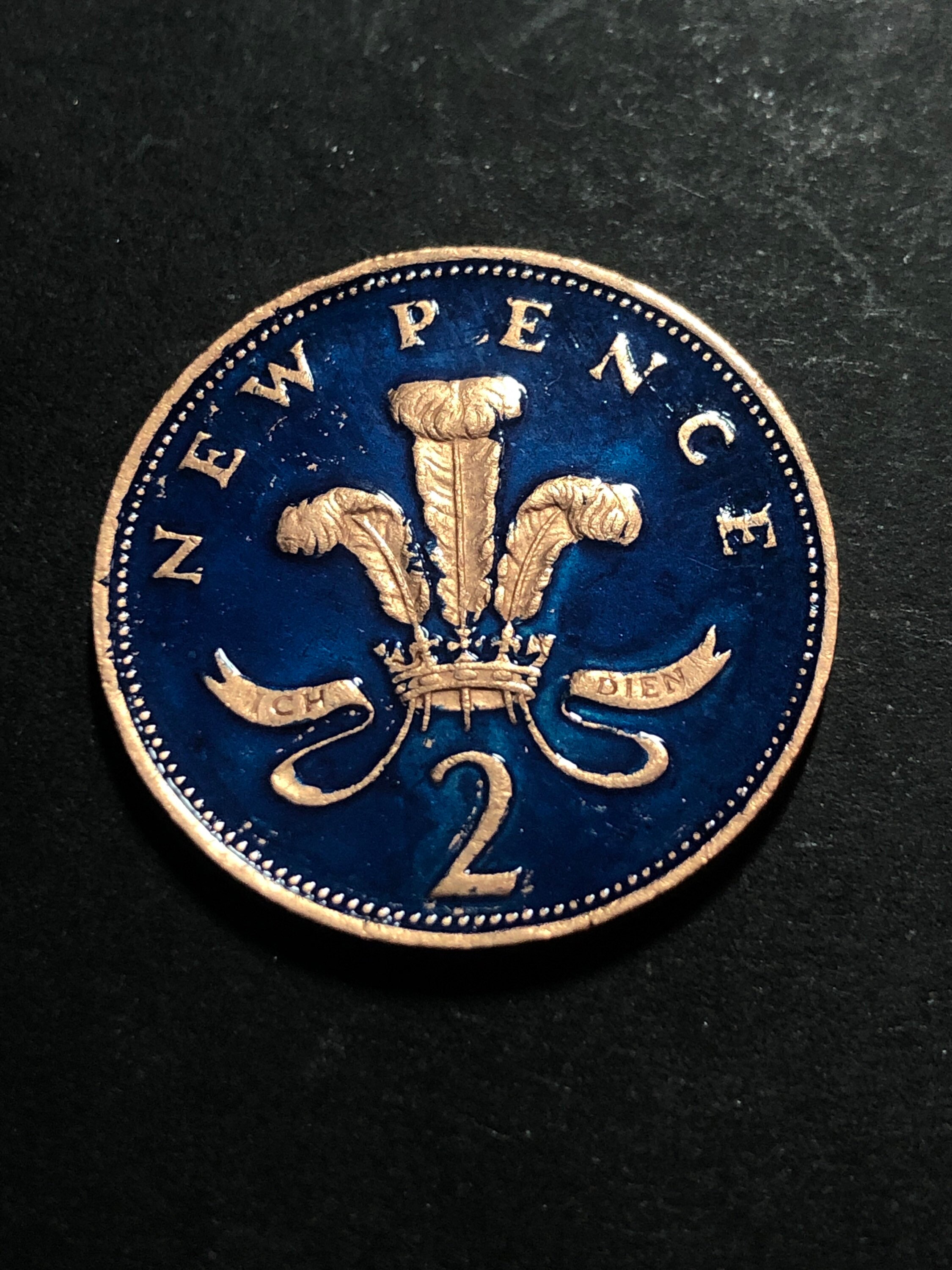 Hand Enamelled British 2 New Pence From 1971 Copper Tone and Dark Blue ...