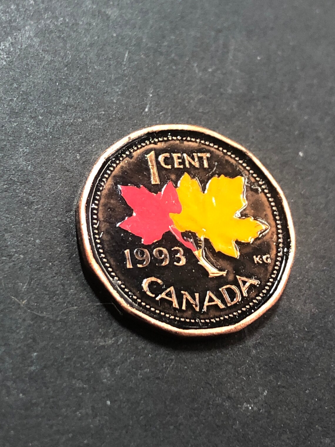 Hand Enamelled Canadian Penny 1993 Orange Major Leaf Red Minor With ...