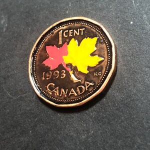 Hand Enamelled Canadian Penny 1993 Orange Major Leaf Red Minor With ...