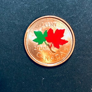 Hand Coloured Canadian Penny 2008-2010 Red and Green Leaves - Etsy