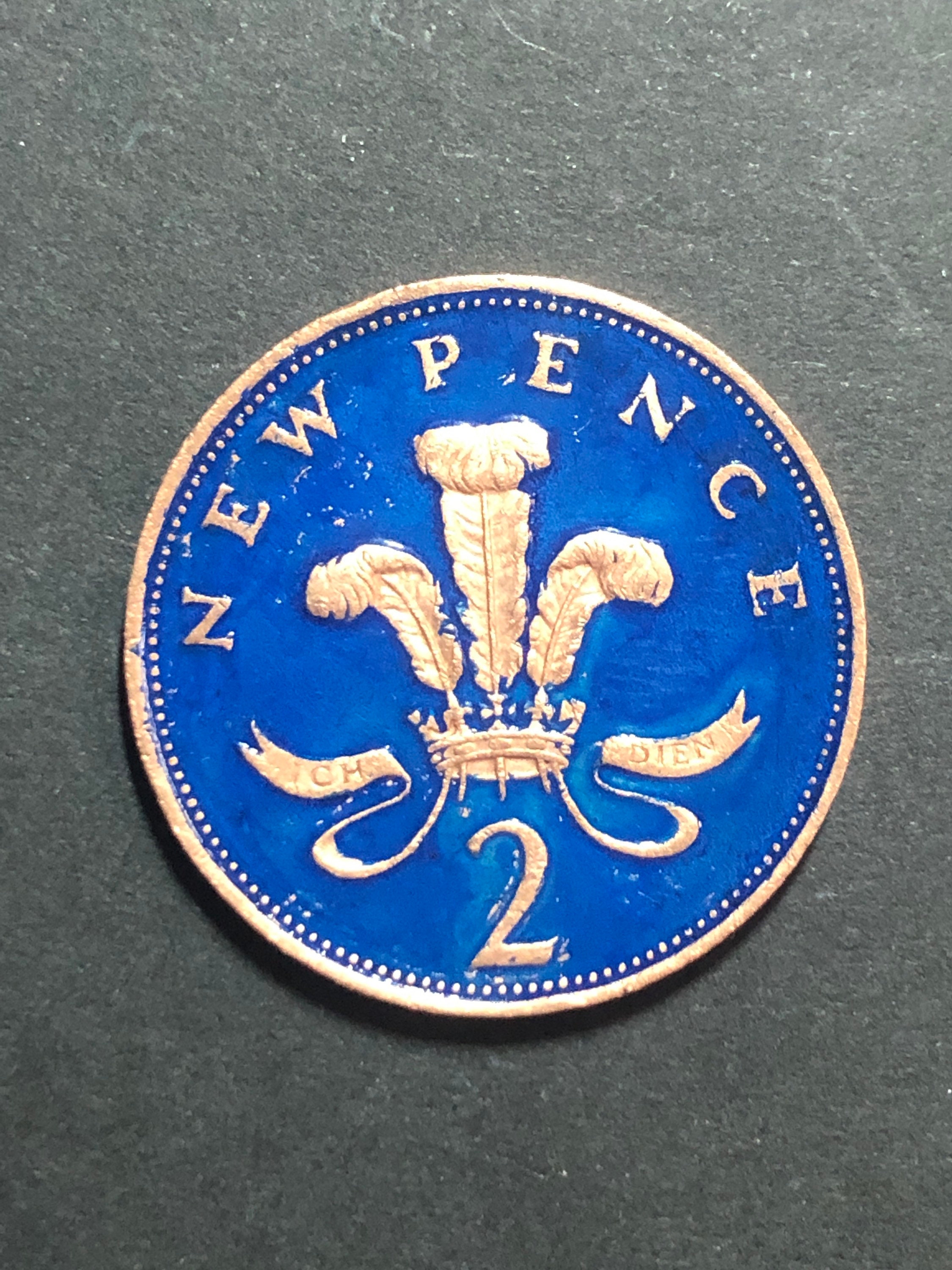 Hand Enamelled British 2 New Pence From 1971 Copper Tone and Dark Blue ...