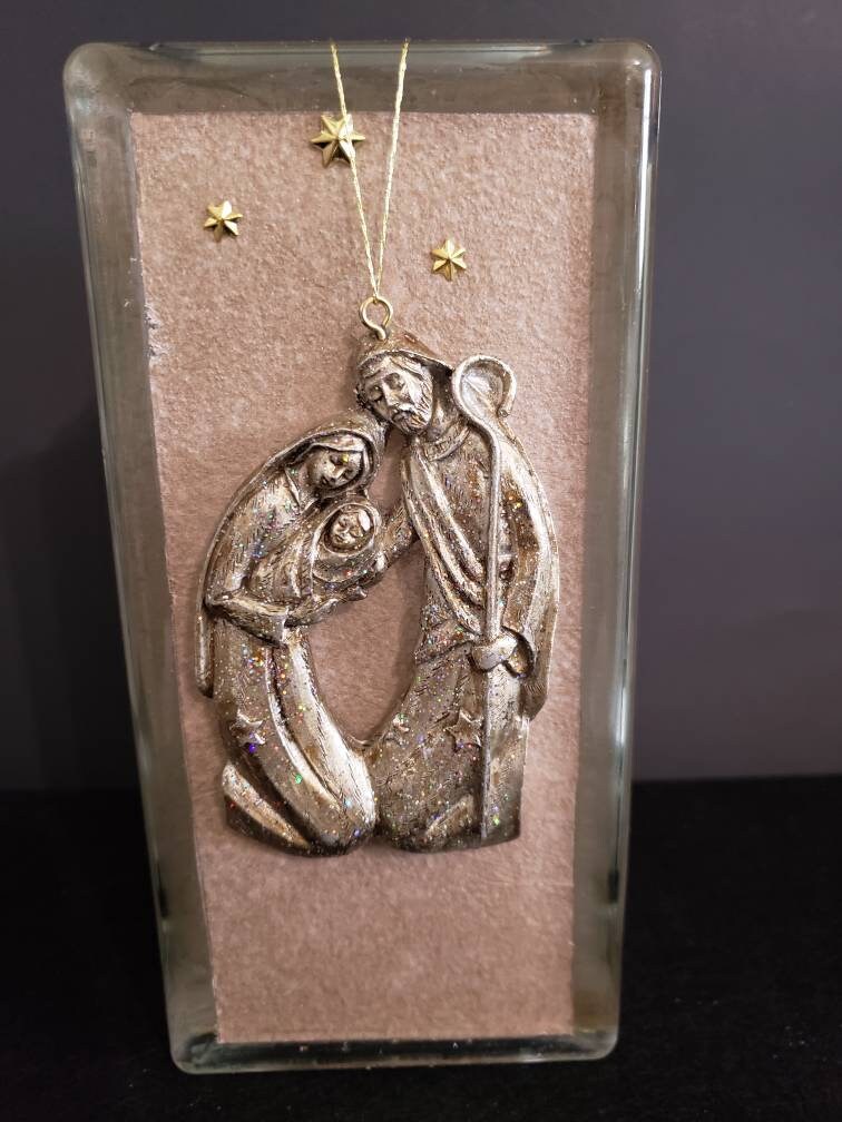 Glass Block With a 20 Count Set of Lights. Gold Exterior With Nativity ...