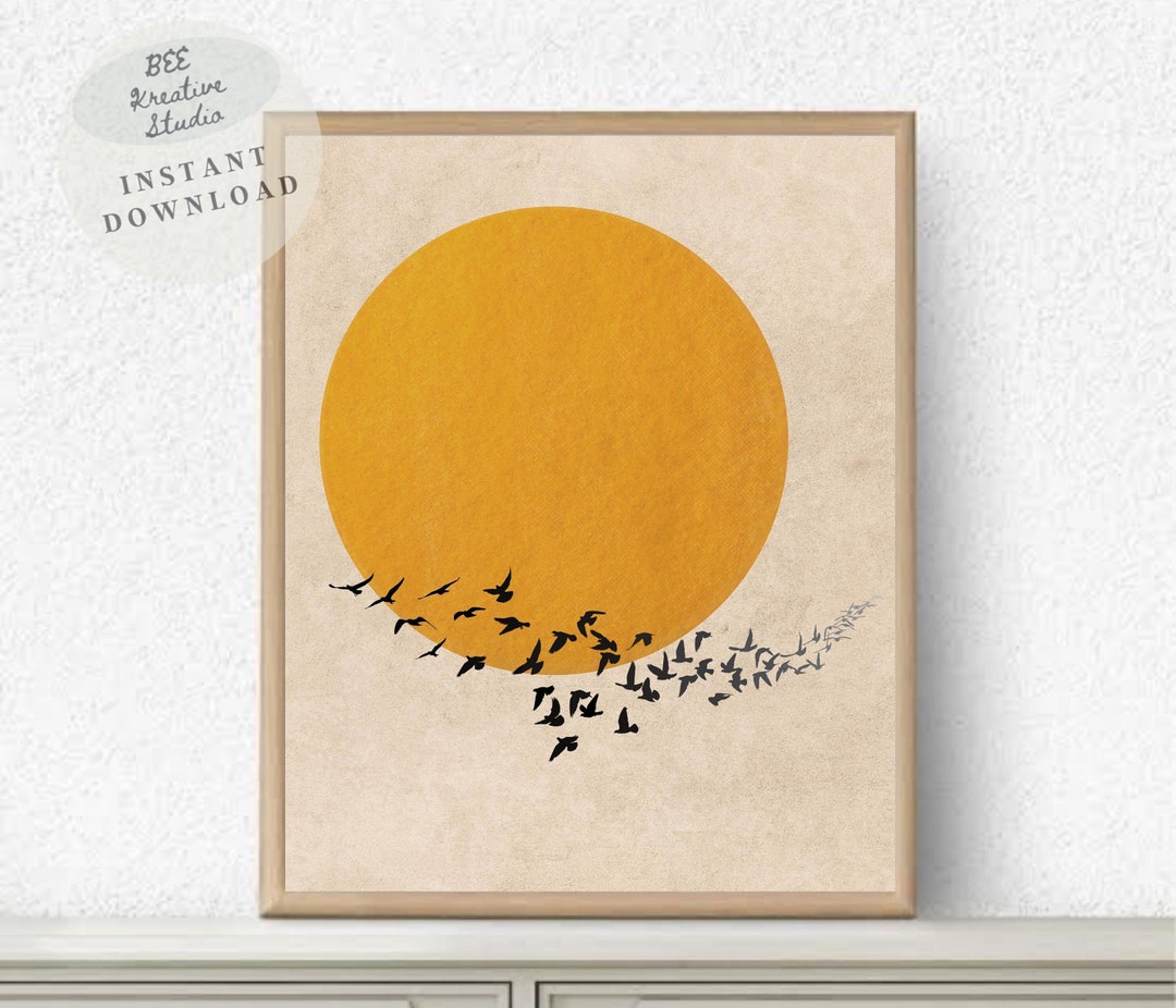 Flock of Birds Sun Silhouette Print Mid Century Modern Yellow Sun Bird ...