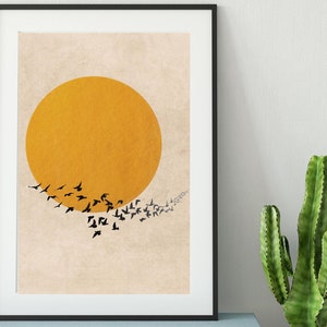 Flock of Birds Sun Silhouette Print Mid Century Modern Yellow Sun Bird ...