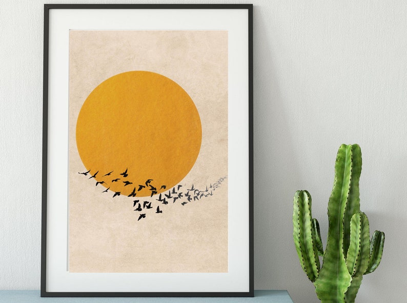 Flock of Birds Sun Silhouette Print Mid Century Modern Yellow Sun Bird ...