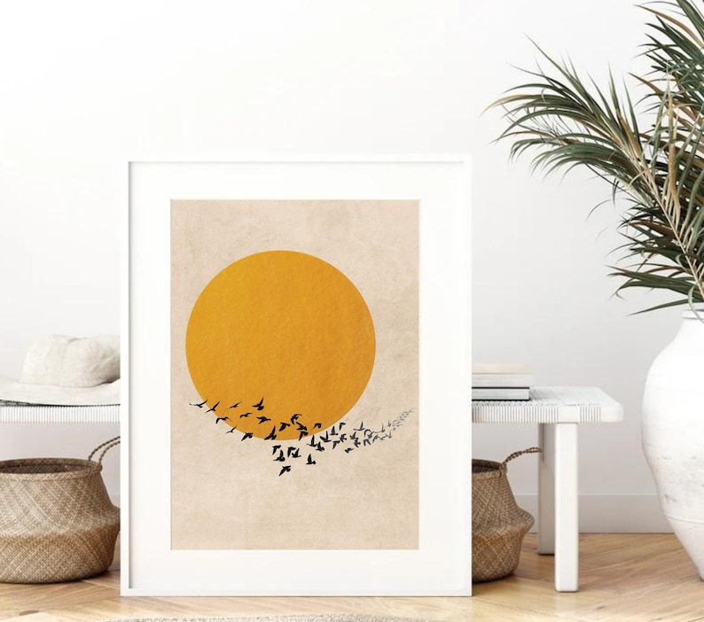 Flock of Birds Sun Silhouette Print Mid Century Modern Yellow Sun Bird ...