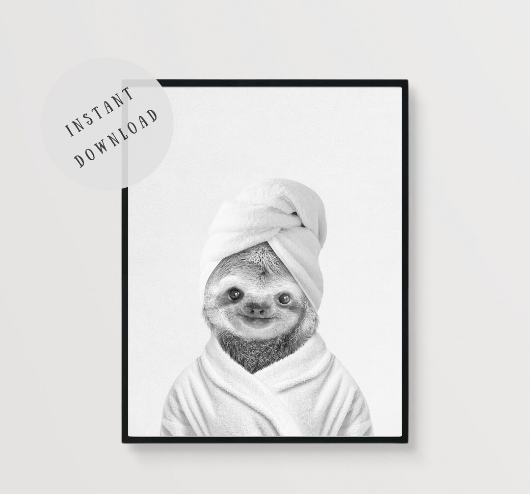 Sloth Bathroom Print Sloth Towel on Head Sloth Spa Bath Bathrobe Shower ...