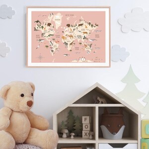 Kid Animal World Map Print Educational Poster Animal Nursery World Map ...