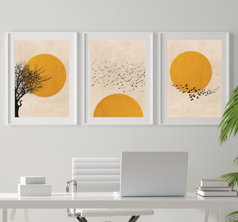 Flock of Birds Sun Silhouette Print Mid Century Modern Yellow Sun Bird ...