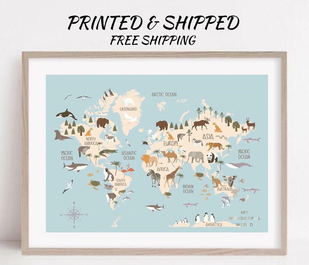 Kid Animal World Map Poster Nursery Animal World Map Print Kid Animal ...