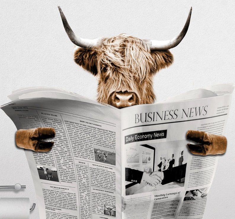 Highland Cow Bathroom Décor Cow Reading Newspaper Funny Cow on Toilet ...